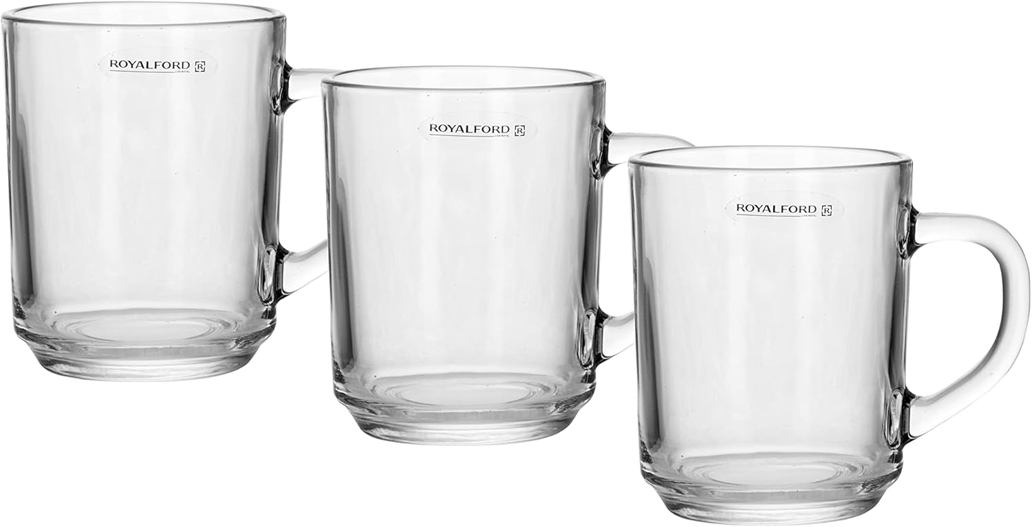 Royalford 240ML 3 Pcs Glass Mug with Handle - Large Coffee Mug, Durable ...