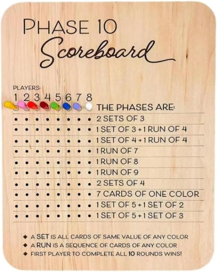 Phase 10 Score Board, Wooden Phase 10 Scoreboard with 8 Colorful Pegs ...