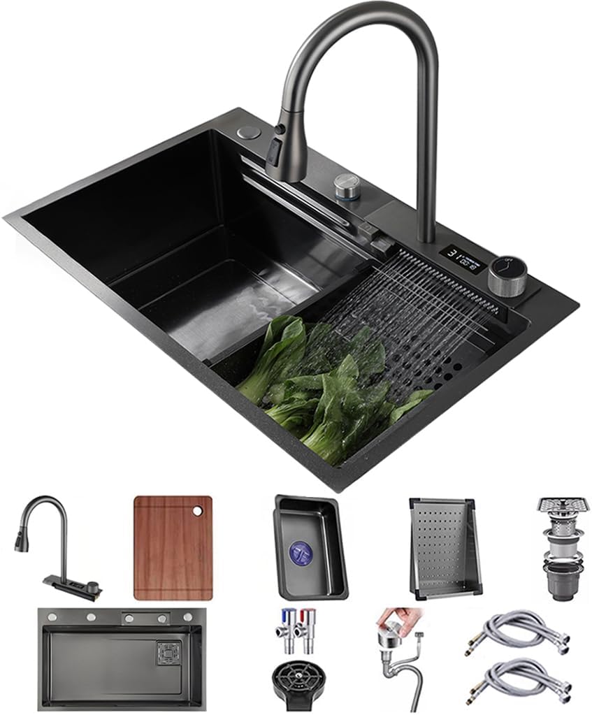 WHOROB Single-Bowl Waterfall Kitchen Sink, Multifunctional Bar Counter ...