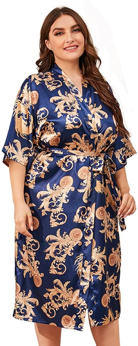 YTYH Bata de satén de Gran tamaño para Mujer, camisón con Estampado de ...