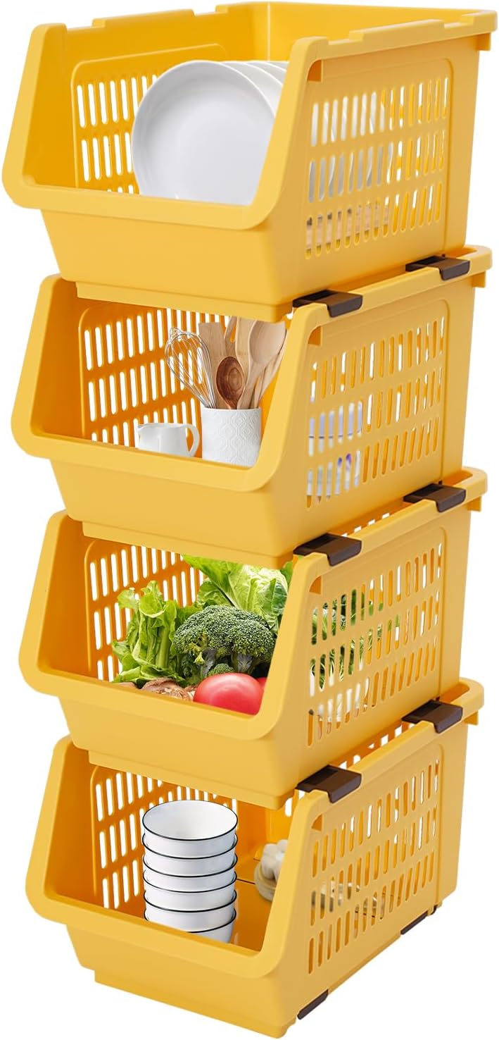 Amazon.com - 4-Pack Stackable Plastic Storage Baskets - Open Front ...