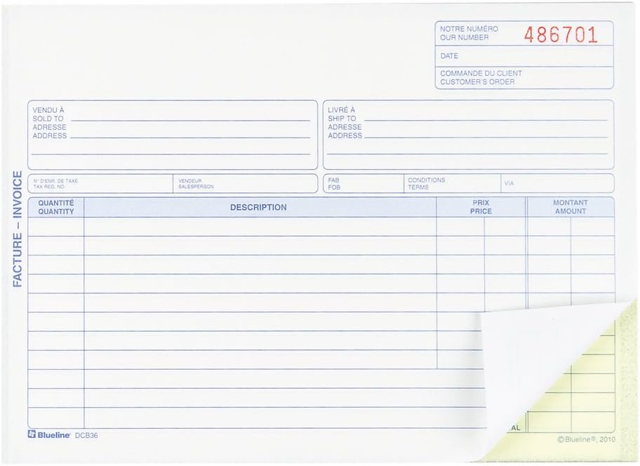 Blueline Invoices, 50 Numbered Carbonless Duplicates, Bilingual, 5-3/8 ...
