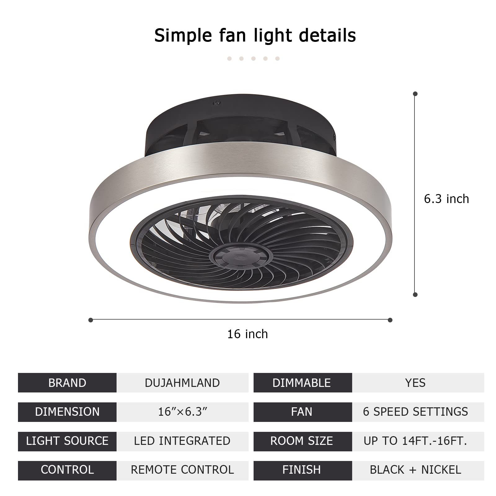 DUJAHMLAND Flush Mount Ceiling Fan with Lights, 16inch Enclosed Low ...