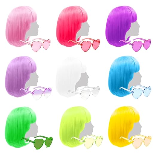 Amazon.com : LIULIUBTY 9 Pieces Colorful Bob Wig, 12" Straight with ...