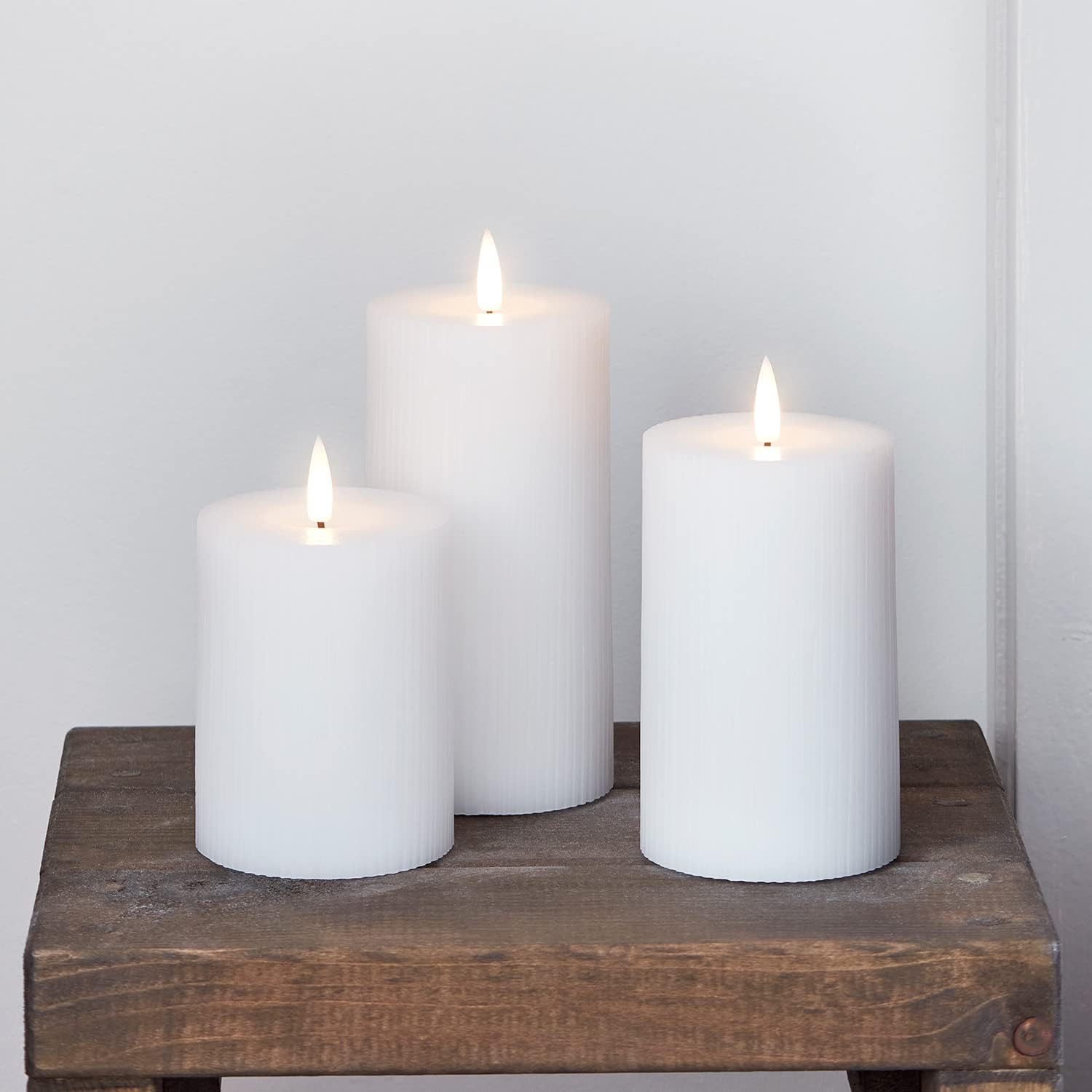 Luminara LED Living Flame Effect Set of 3 Real Wax Ivory Pillar Candles ...