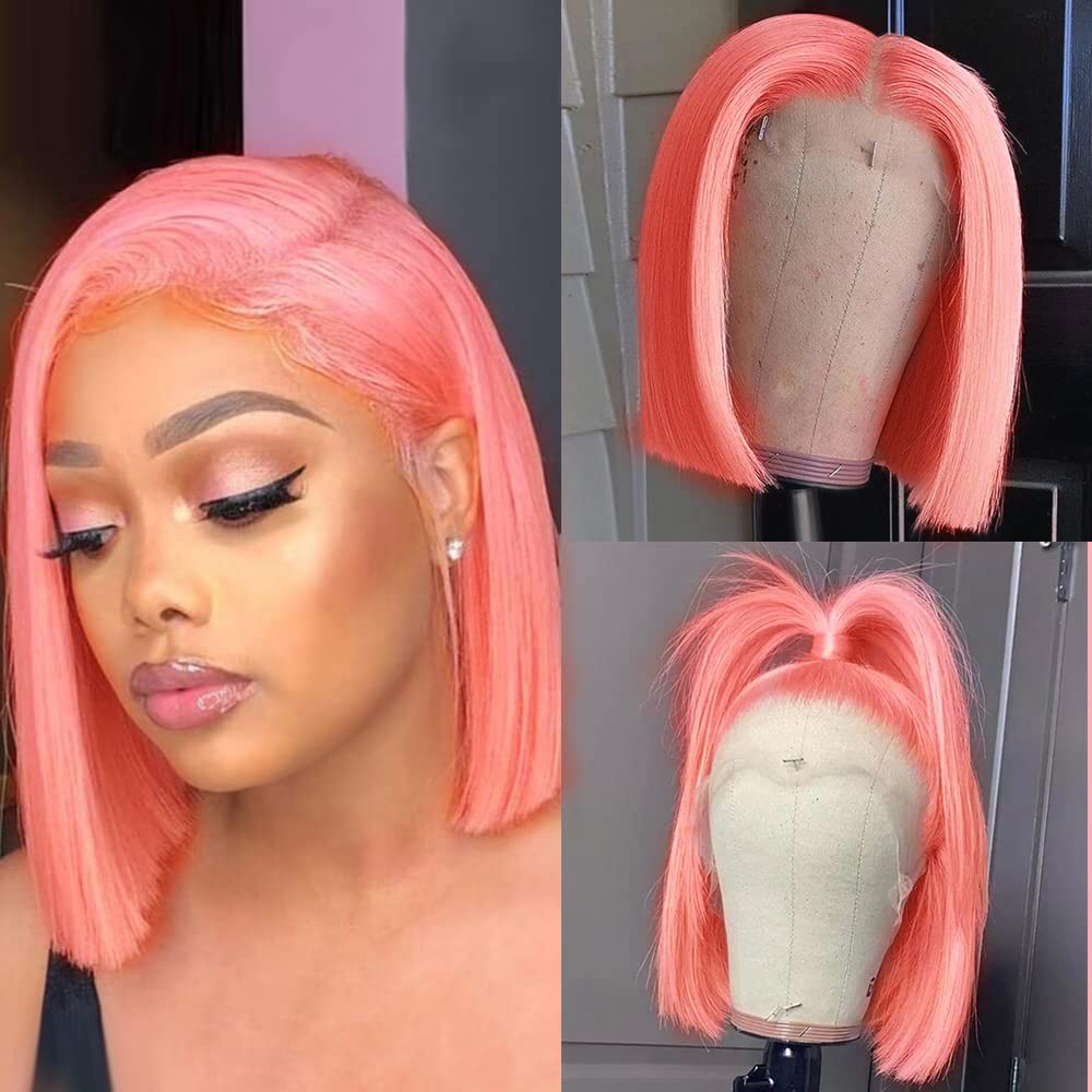 Amazon.com : 13X4 HD Transparent Straight Pink Short Bob Wig Human Hair ...