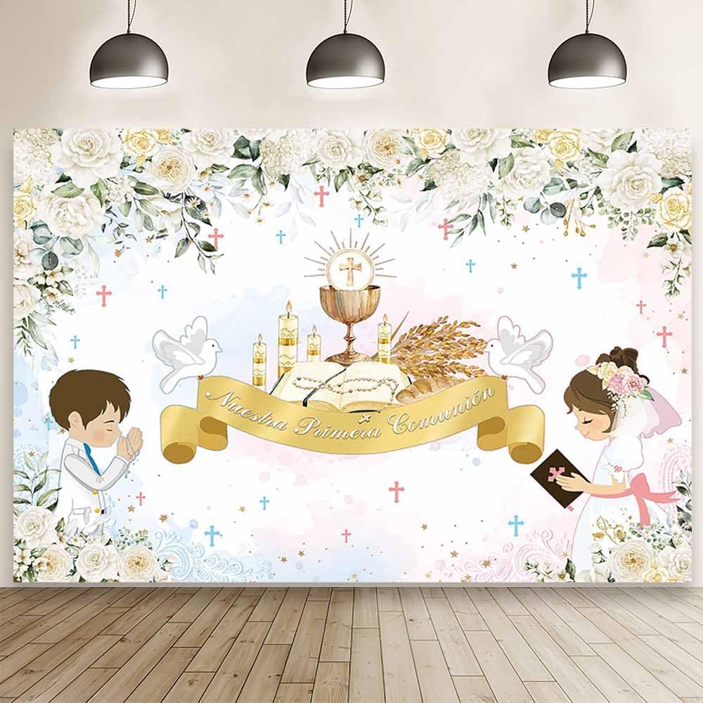 Amazon.com : MEHOFOND 7x5ft Nuestra Primera Comunión Backdrop Pastel ...