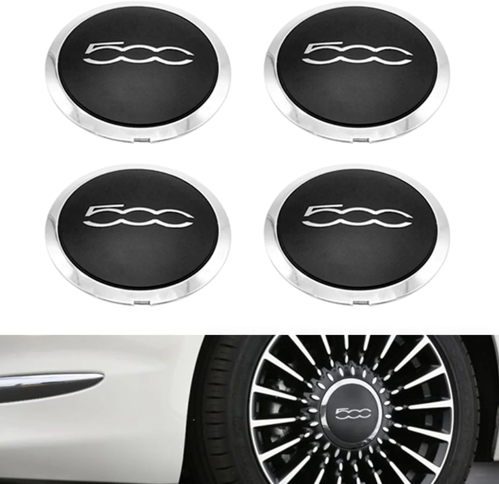 4pcs Wheel Hub Caps, Wheel Hub Cover With Chrome Border For Fiat 500 ...