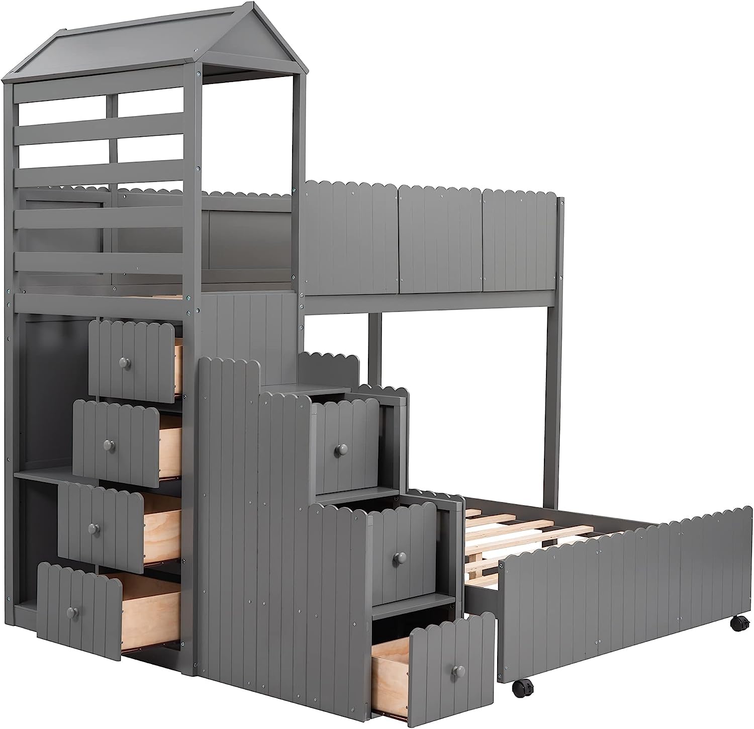 MERITLINE Bunk Beds Twin Over Full with Stairs, House Bunk Beds with 7 ...