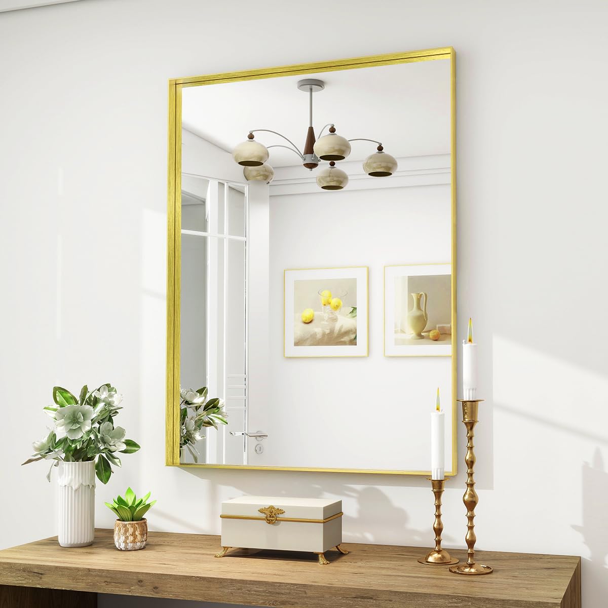 BEAUTYPEAK 20" X 30" Bathroom Mirror for Wall, Modern Gold Deep Framed ...