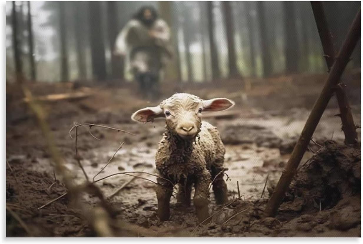 Amazon.com: Jesus and Lamb Poster Wall Art Jesus Running After Lost ...