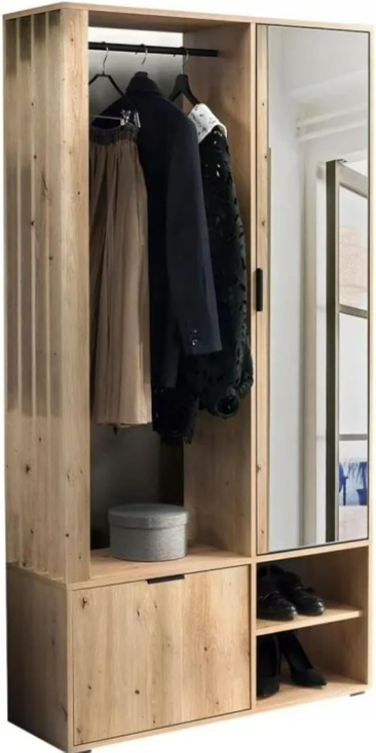 MINIO - Hallway Wardrobe Set 100 cm Wide with Mirror, Coat Rack with ...