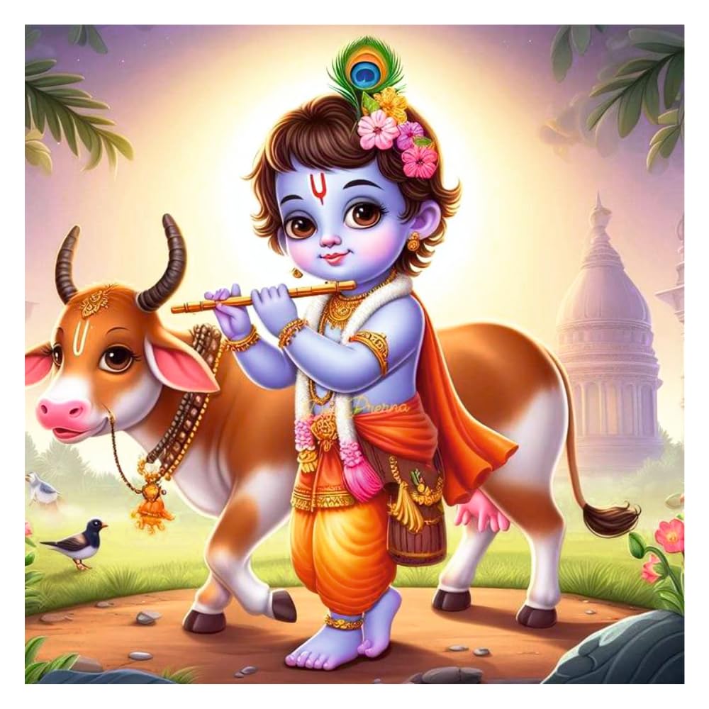 Sky Flying Little Krishna Bashuri With Gau Mata Wall Poster For Living ...