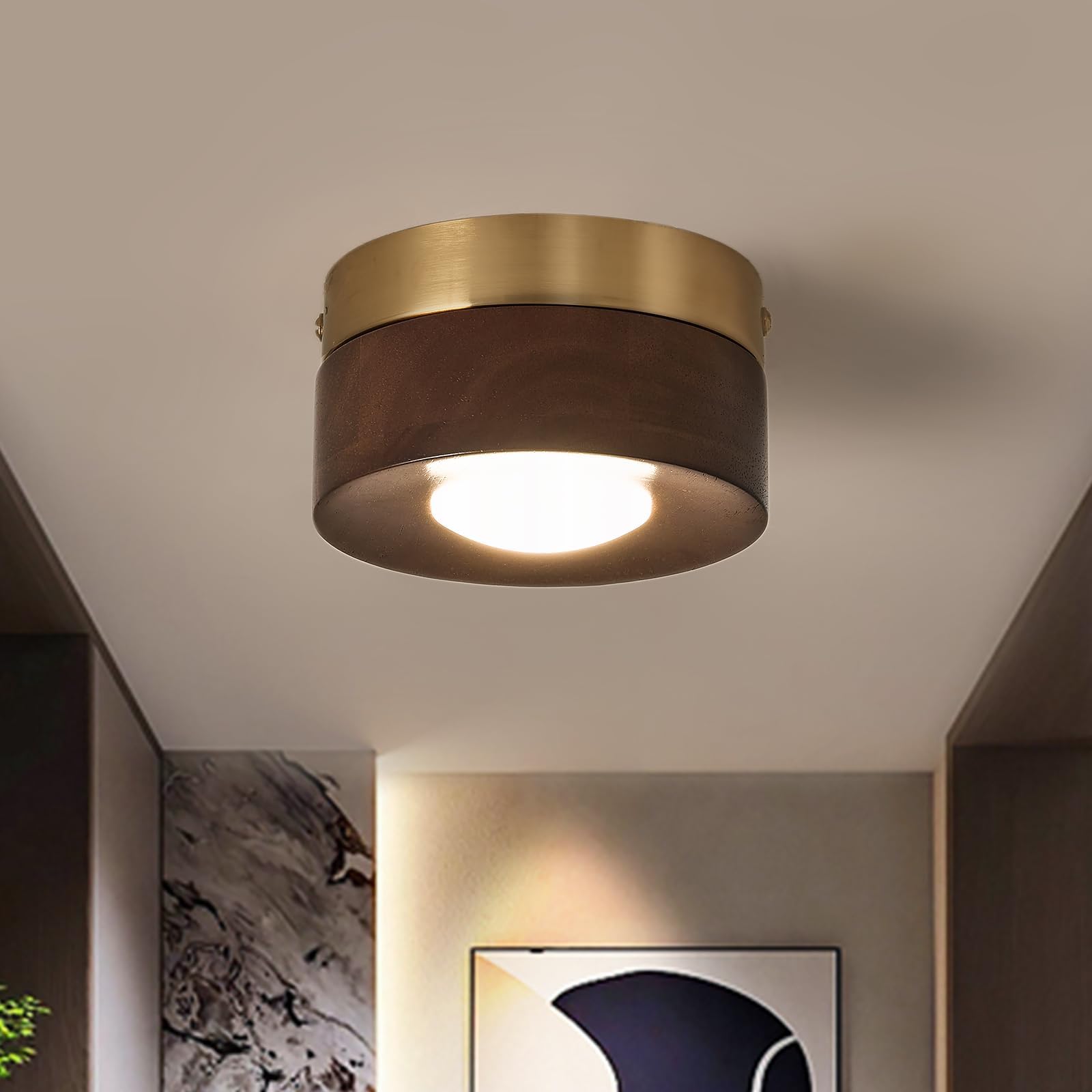 Aeyee Wood Flush Mount Ceiling Light, Round Close to Ceiling Light ...