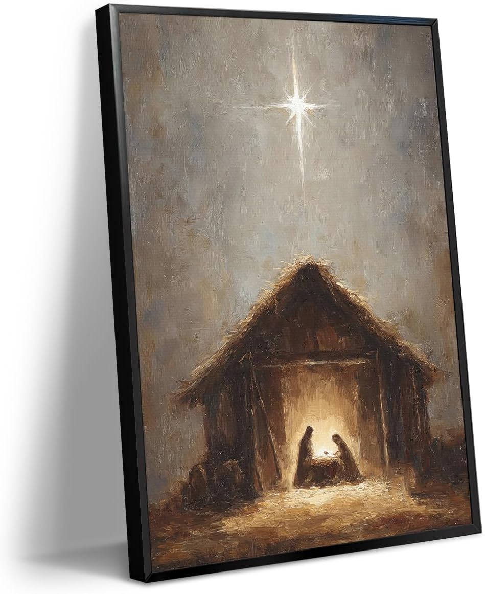 Amazon.com: Nativity Scene Canvas Wall Art, Christian Manger Beneath ...