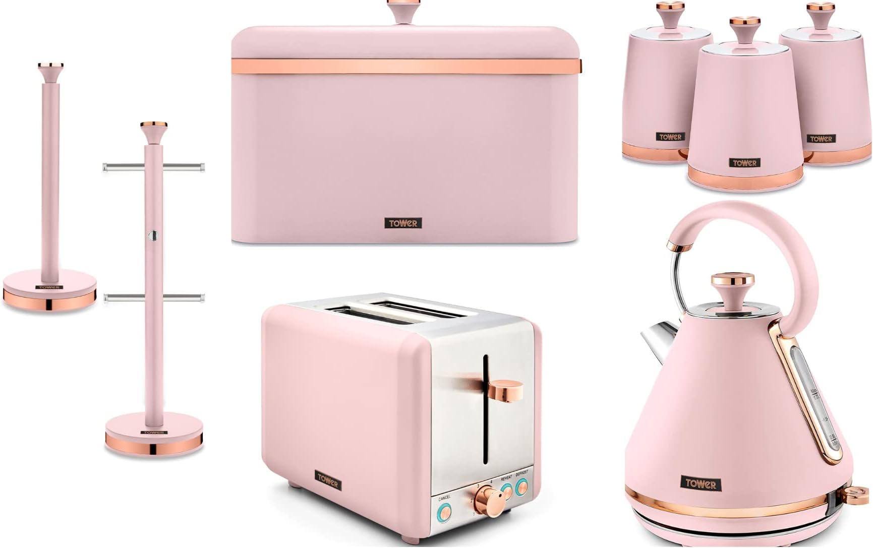 Tower Cavaletto Pink Pyramid Kettle, 2 Slice Toaster, Bread Bin, Set of ...