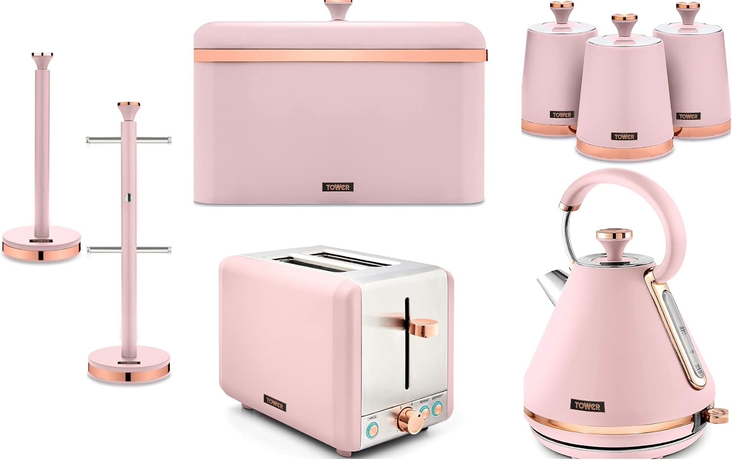 Tower Cavaletto Pink Pyramid Kettle, 2 Slice Toaster, Bread Bin, Set of ...