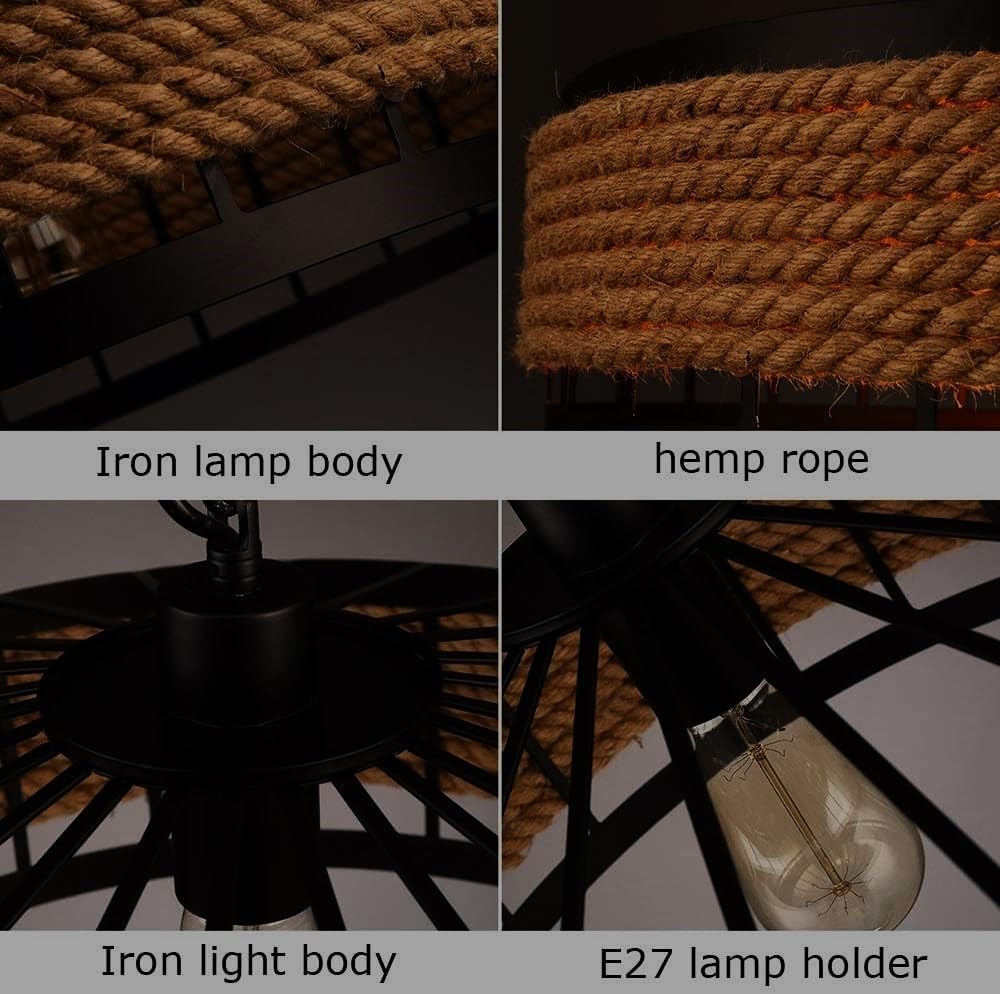 Metal & Rope Lamp Shades Ceiling, Small Retro Hemp Rope Black Ceiling ...