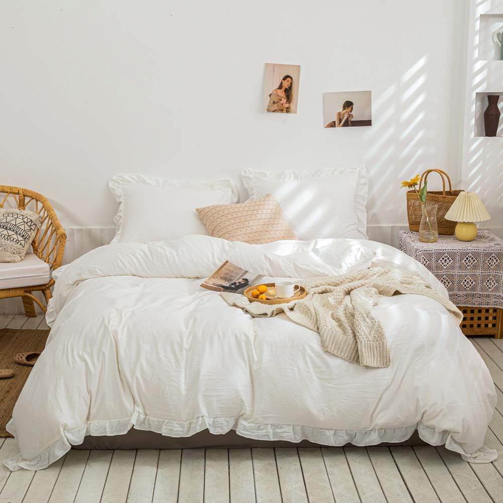 Amazon.com: White Bedding Raw White Duvet Cover Set Ruffled Fringe ...