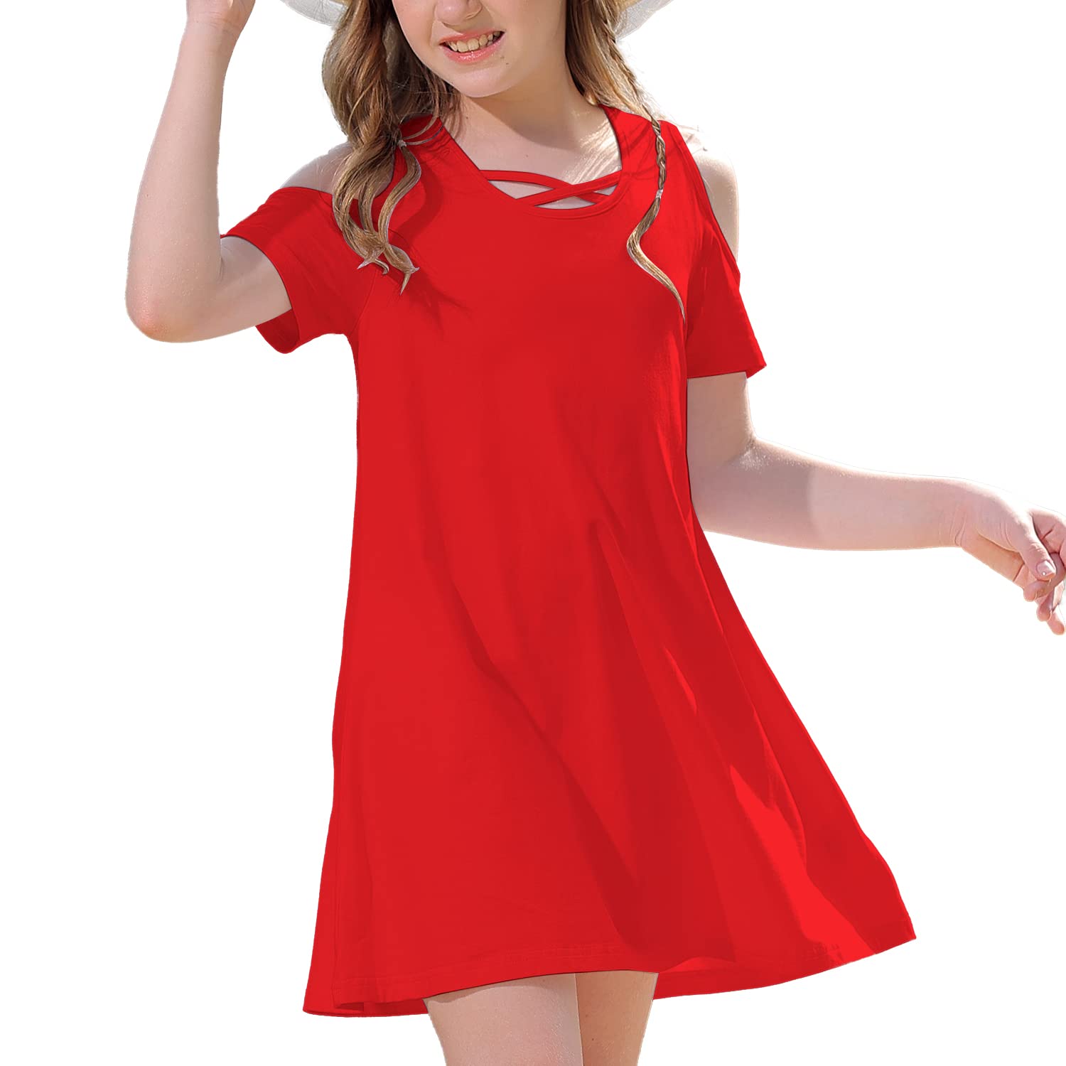 pdcall-girls-swiss-dot-dress-short-sleeve-pleated-a-line-elastic-waist