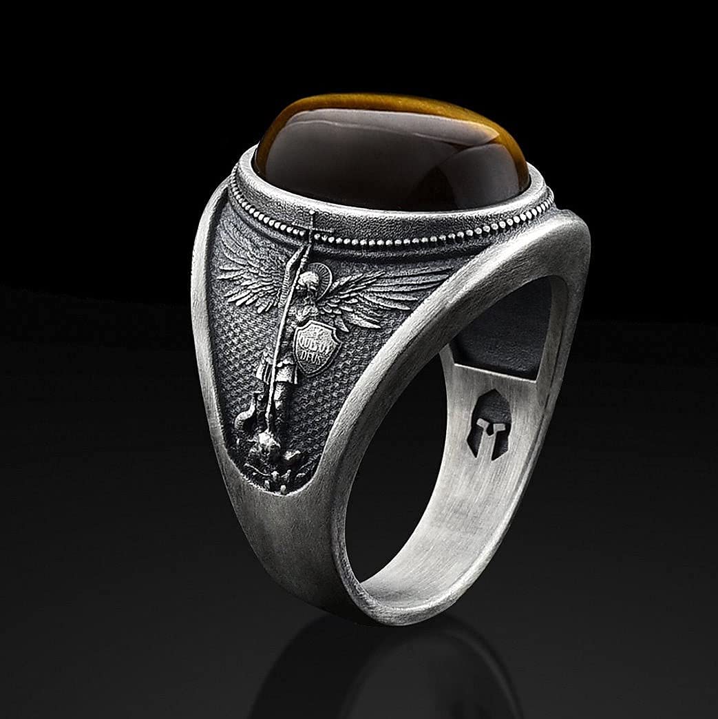 Buy Archangel Saint Michael Silver Men Ring, Archangel Tiger Eye Men's ...