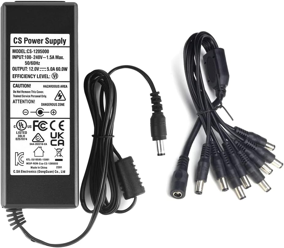 Amazon.com : DC 12V 5A Power Supply Adapter with 8 Splitter Power Cable ...