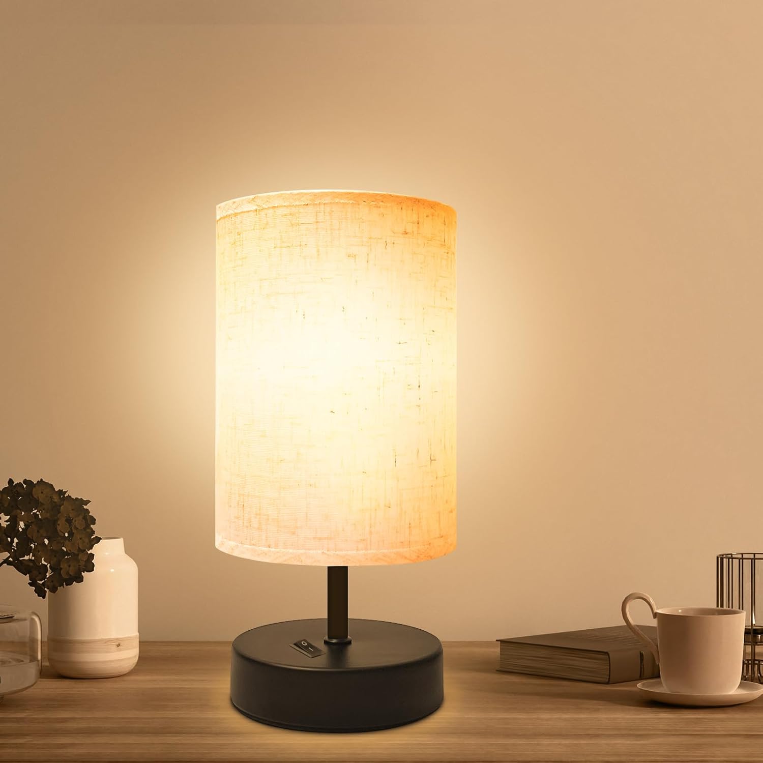 DEGNJU Small Bedside Lamp, Mini Minimalist Table Lamp with Round Flaxen ...