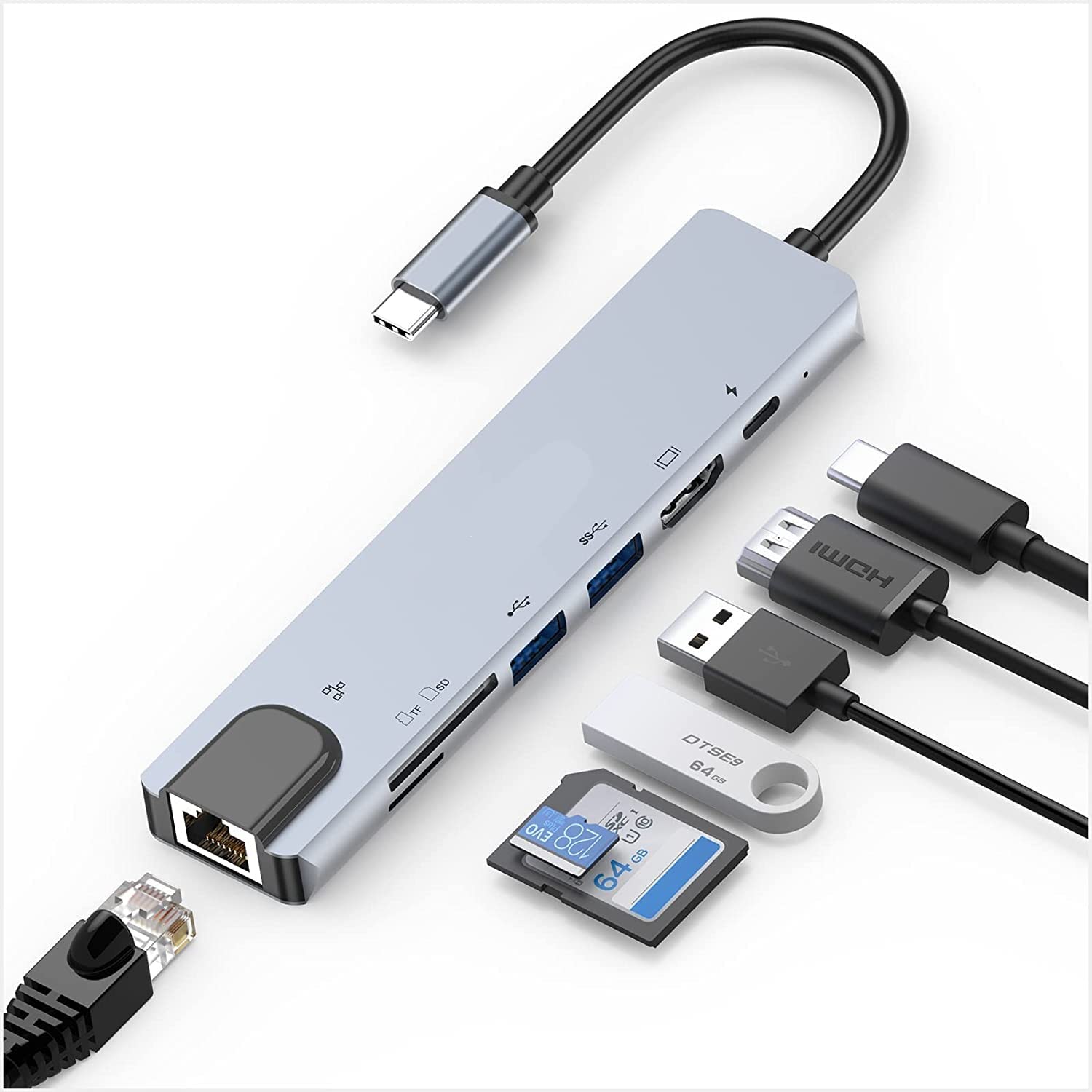 RuhZa Hub,USB-C Hub, 7-in-1 Type-C Multiport Adapter with 100m Ethernet ...
