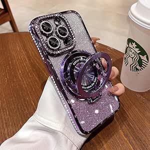 Amazon.com: OUROL Magnetic Kickstand (Glitter Lens Protector ) Case for IPhone 15 14 13 12 Pro ...