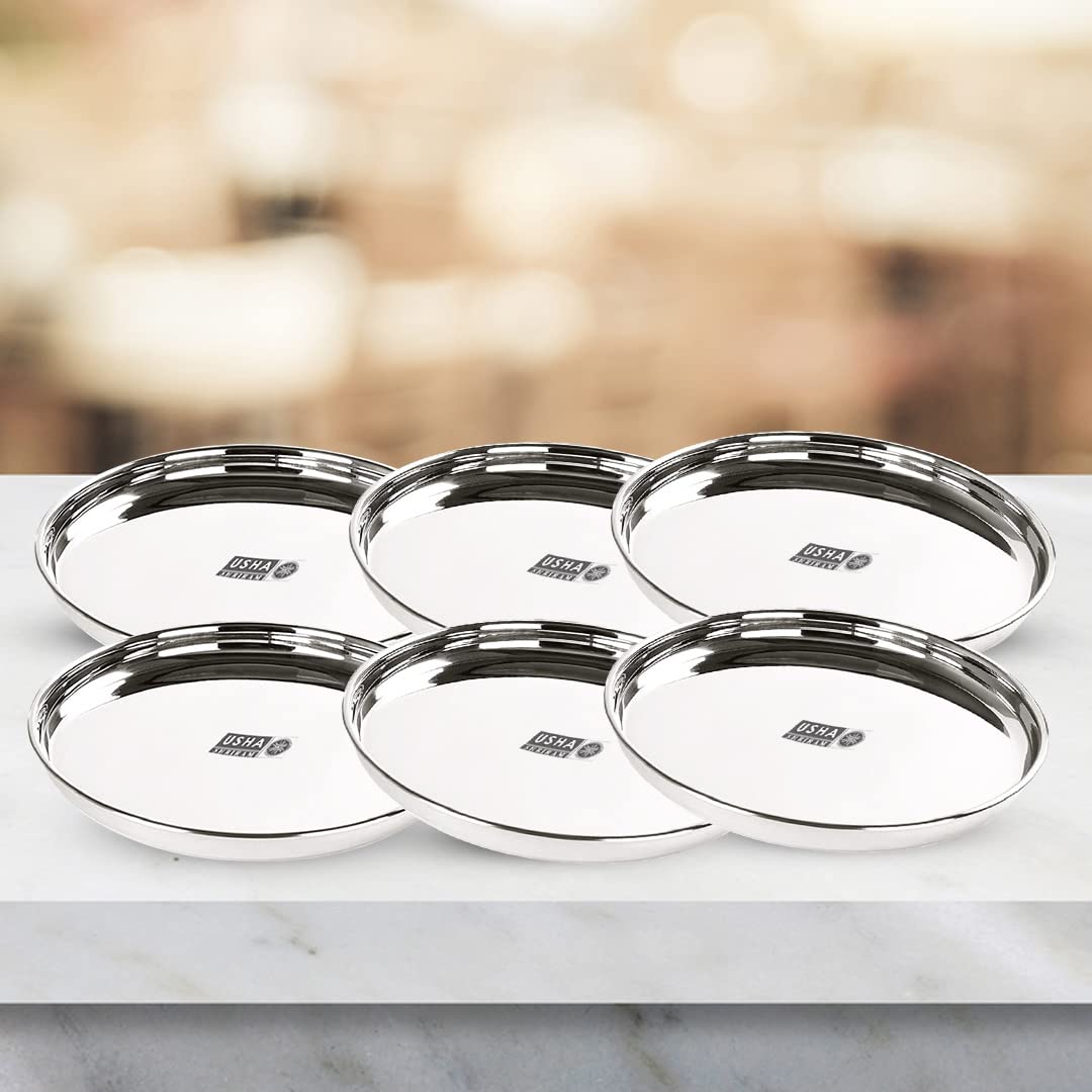 USHA SHRIRAM Stainless Steel Plate Set (29cm - 6Pcs) | Heavy Guage ...