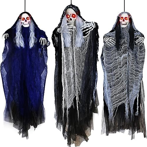Amazon.com : 3 Pack Hanging Halloween Skeleton Ghosts Decorations, Grim Reapers for Halloween ...
