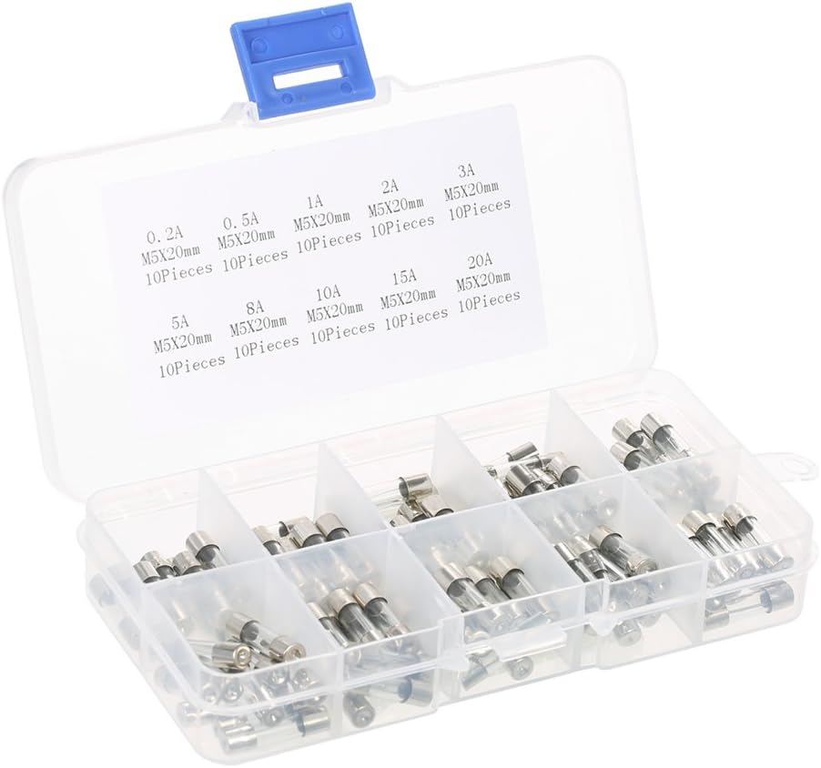 Glass Quick Fast Blow Fuse, 100pcs Glass Tube Fuses Assorted Kit 0.2A ...