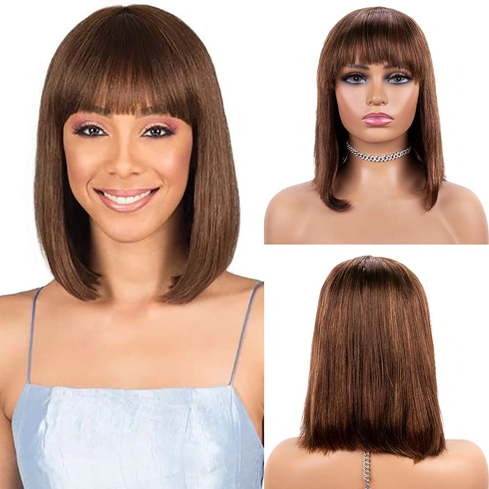 iShine Short Bob Wigs 12 Inch Straight Human Hair Bob Wigs with Bangs ...