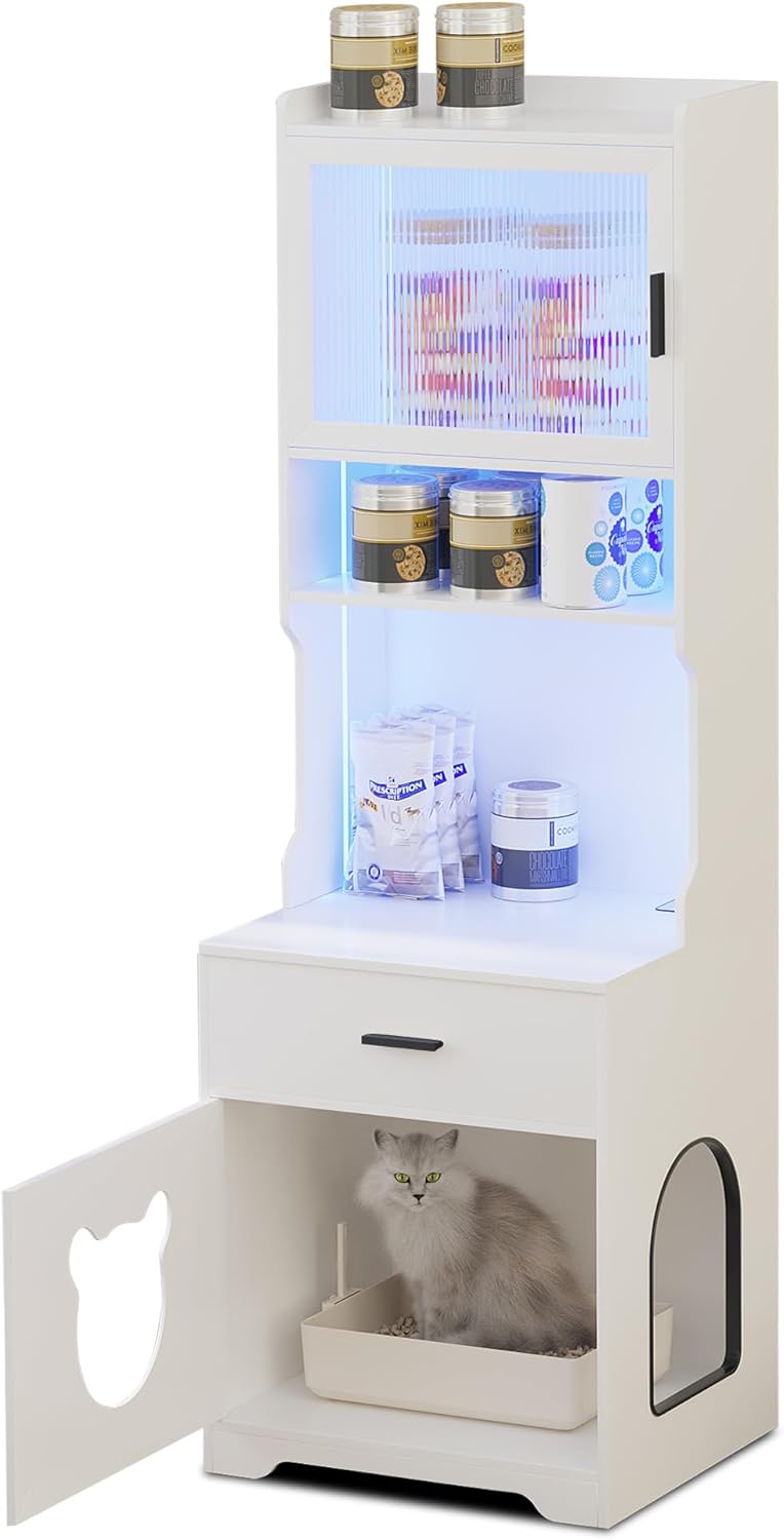 Amazon.com: Hidden Cat Litter Box Enclosure: LED Wooden Cat Washroom ...