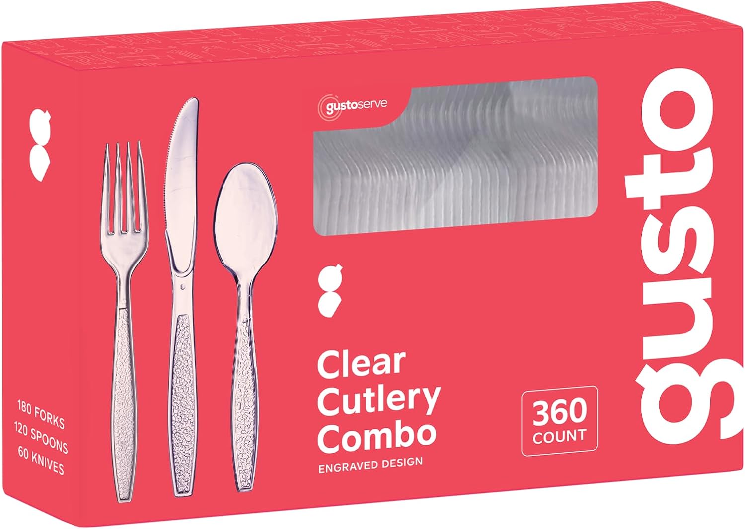 GUSTO [360 Combo Box] Clear Plastic Silverware, Heavy Weight Disposable ...