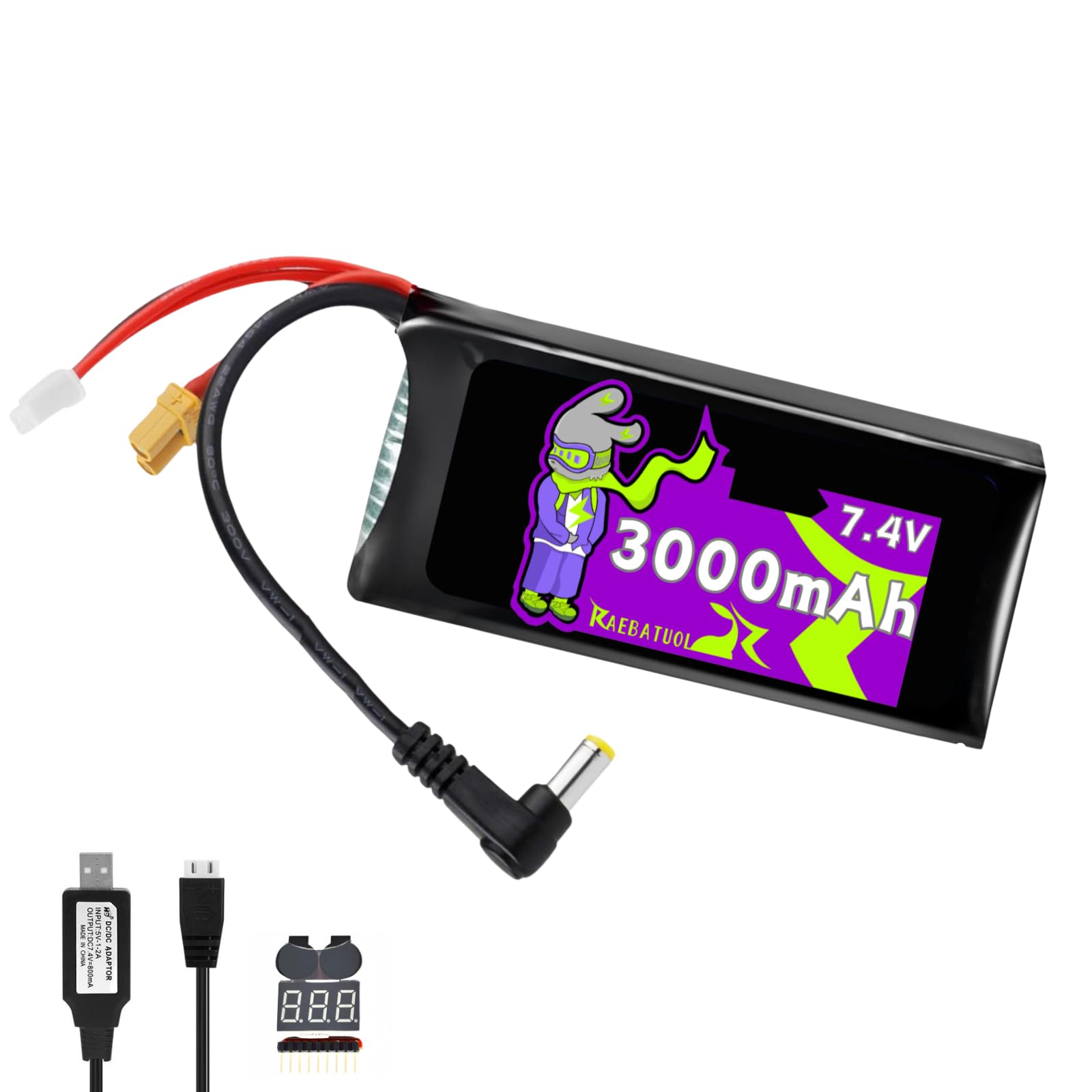 Amazon.com: Raebatuol 3000mAh 7.4V Lipo Battery with XT30/DC5.5 Plug ...