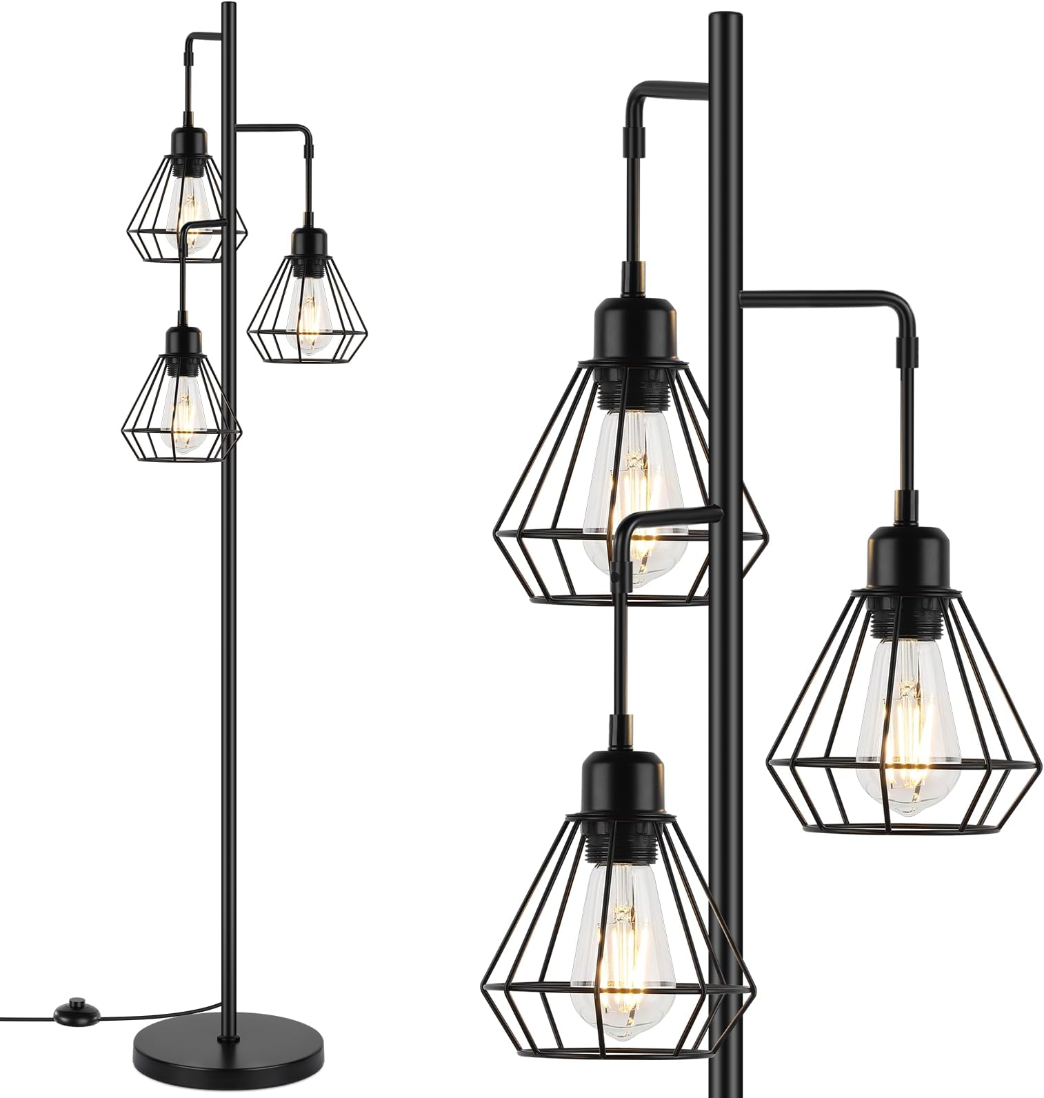 Coucrek Industrial Floor Lamp, Farmhouse Standing Lamp with 3 Hanging ...