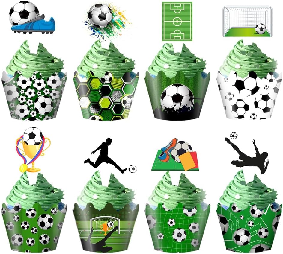 Amazon.com: 48 Pieces Soccer Cupcake Toppers and Wrappers, Soccer Ball ...