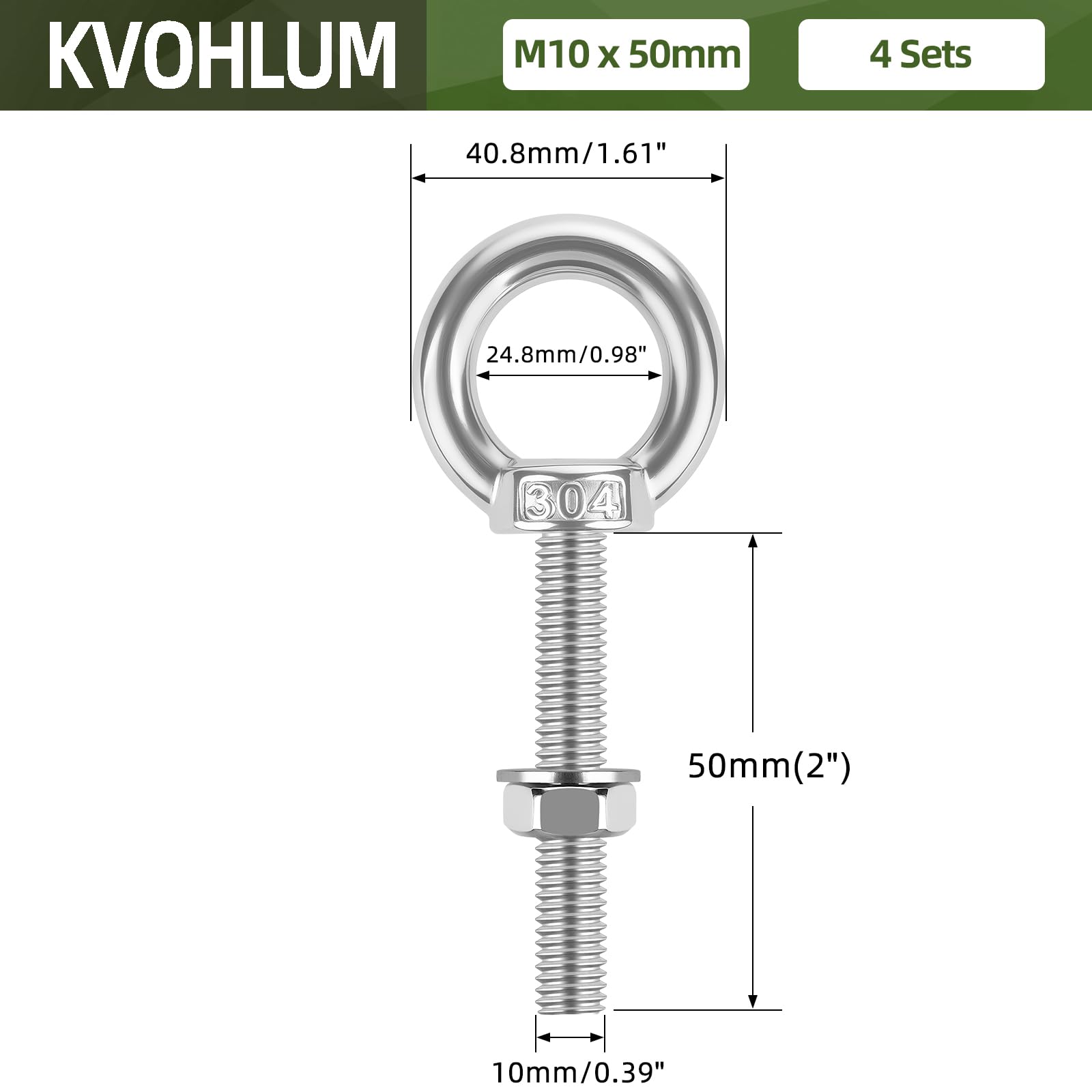 Snapklik.com : 4 Pack M10 X 50mm Stainless Steel Eye Bolts
