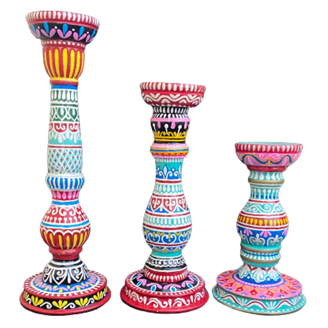 Buy Wooden Hand Painted Decorative Candle Stand - Set of 3 | cnadle ...