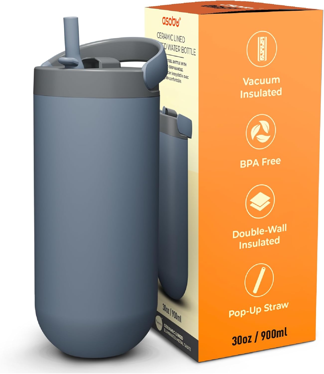 Asobu Orbit Botella de agua de 30 oz/900 ml, elegante botella aislada con tapa desplegable y asa ...