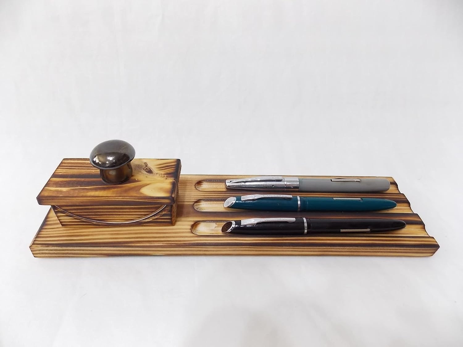 Mini Ink blotter & Triple Pen Stand Handcrafted Wood & Ceramic Desk top ...