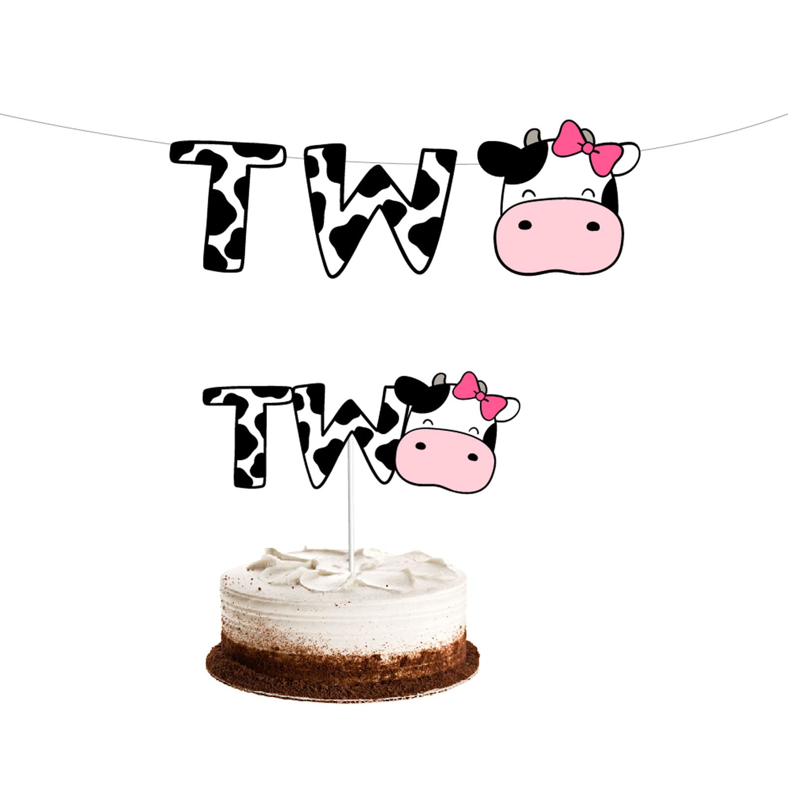 Amazon.com: Cow Two Birthday Banner and Cake Topper Happy Birthday Cake ...