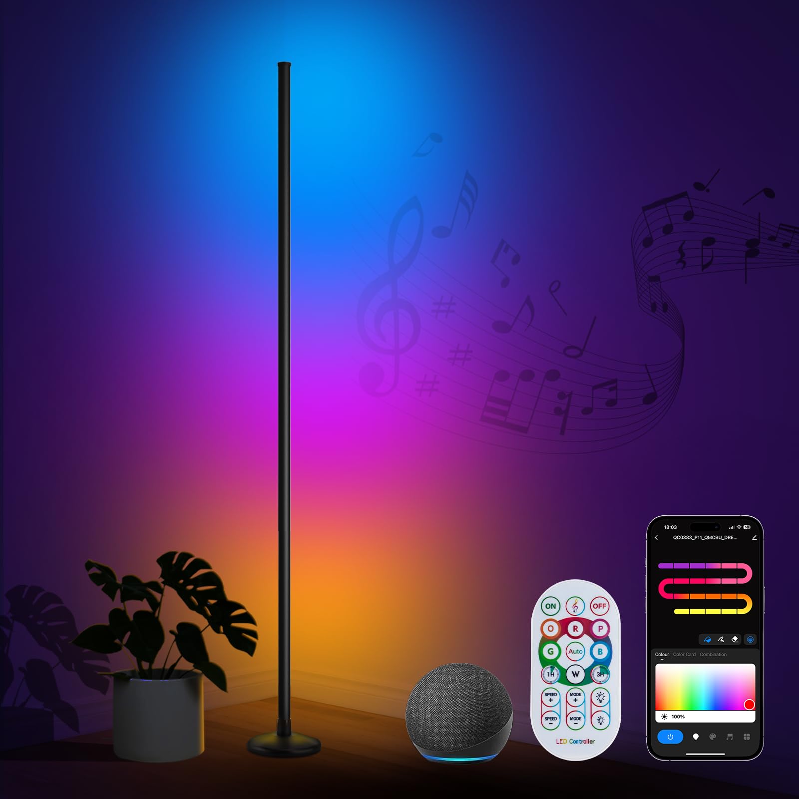 Smart Corner Floor Lamp - 65 in Corner LED Floor Lamp Works with Alexa ...