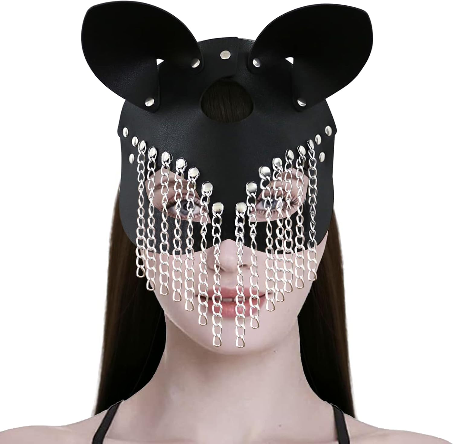 Cat Face Mask Women Black PU Leather Cat Mask Halloween Catwoman Mask ...