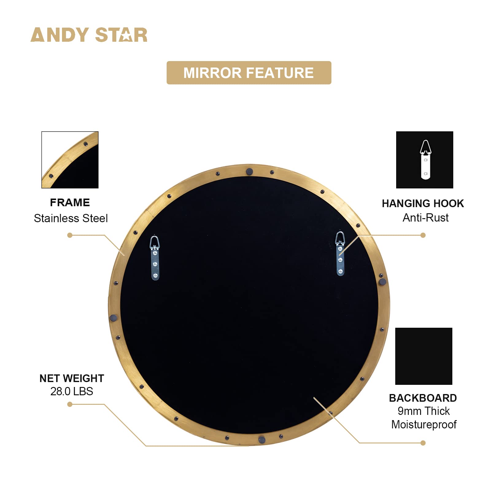 ANDY STAR Gold Round Mirror, 36’’ Brushed Gold Circle Bathroom Mirrors ...