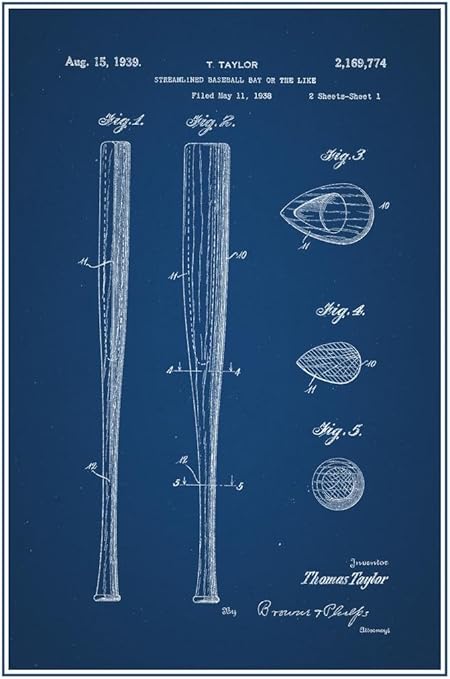 Amazon.com: Baseball Bat 1939 Official Patent Blueprint Cool Wall Art ...