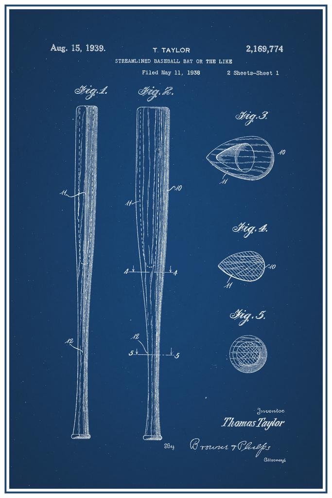 Amazon.com: Baseball Bat 1939 Official Patent Blueprint Cool Wall Art ...