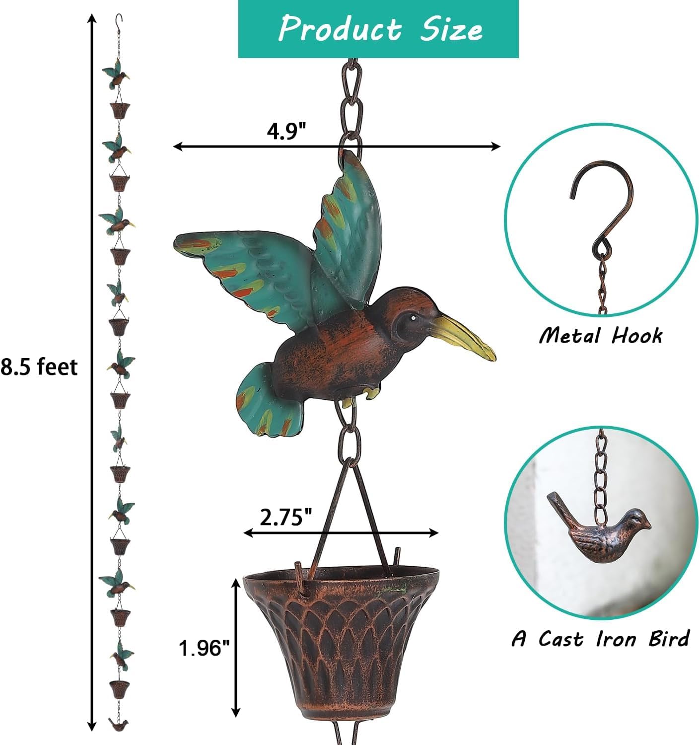 Snapklik.com : 8.5FT Rain Chain, Hummingbird And Cup Rain Chains For ...