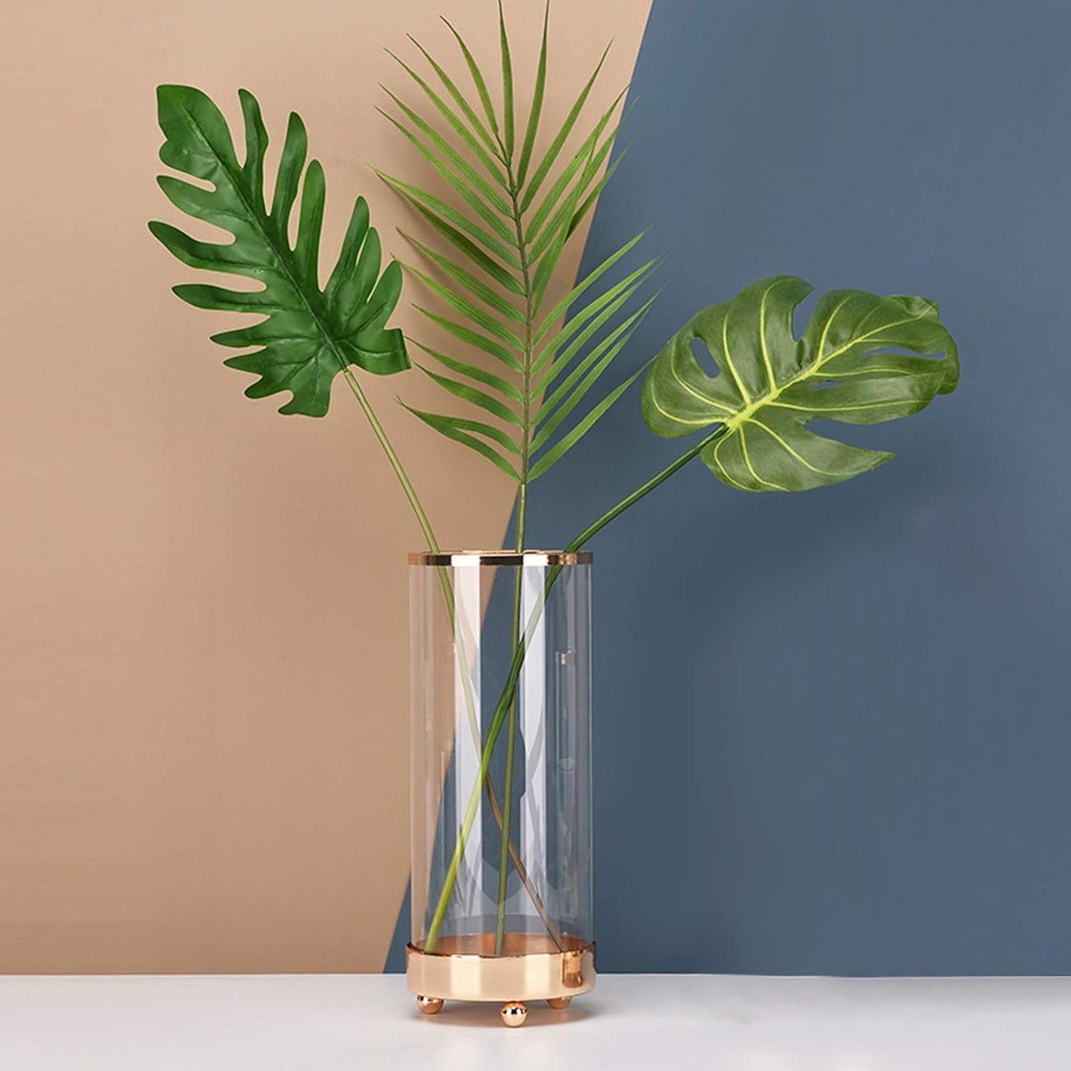Amazon.com: Flower Vase with Metal Base, Glass Clear Round Vase ...